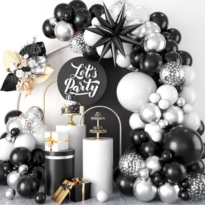 Kit D'Arche De Ballons Noirs Et Argentés - 100 Pièces - Ballons En Latex Avec Confettis Argentés ...