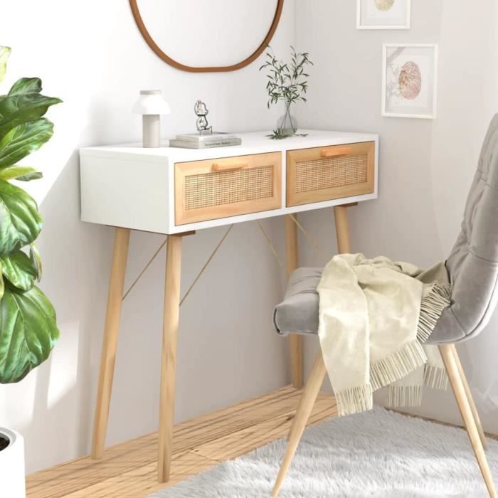 Ensemble de meubles console en pin massif et rotin naturel Blanc 80 x ...