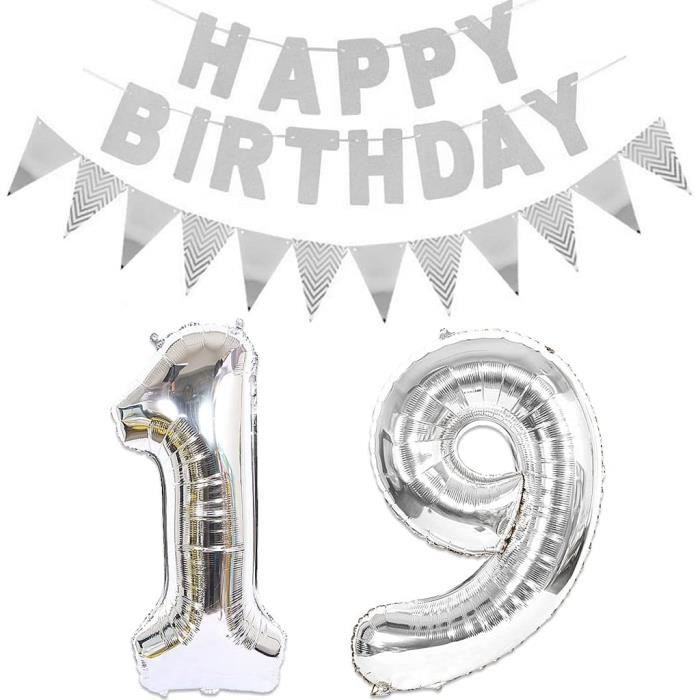 [I7387]2 Ballons En Forme De Chiffre 19 Argenté + Guirlande Happy ...