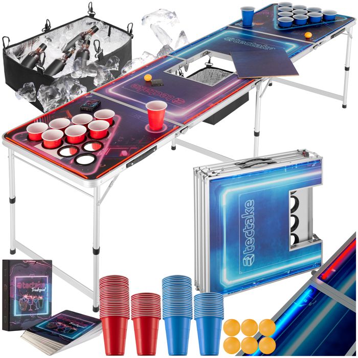 Table de beer pong - TECTAKE - Table BEER WARS II avec éclairage LED en aluminium avec 100 ...