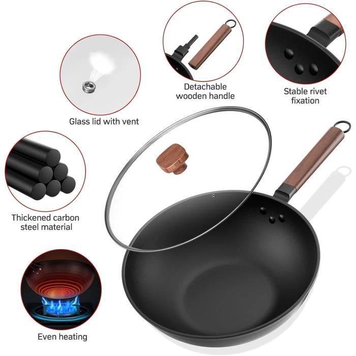 33 Cm-5,6L Wok En Acier Au Carbone Avec Couvercle - Sans Revêtement ...