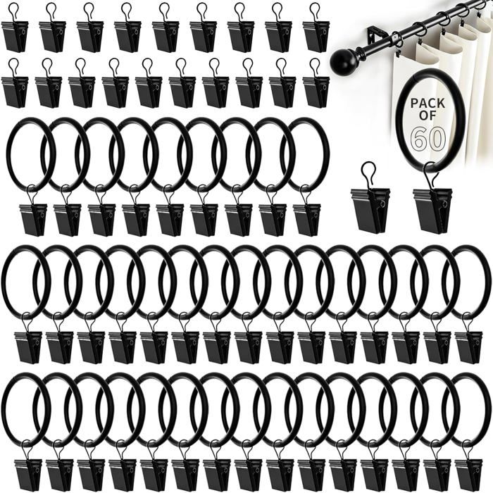 60 Pièces Pince Rideaux Noir,Anneaux Rideaux avec Pince Acier ...