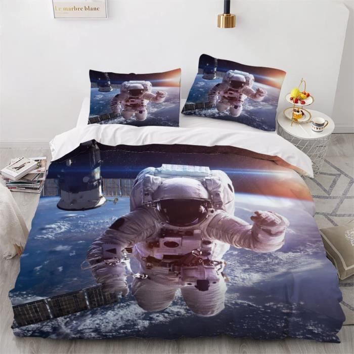 Housse de Couette 140x200cm Station Spatiale Parures de Lit 3 pièces Set Astronaute Literie avec ...