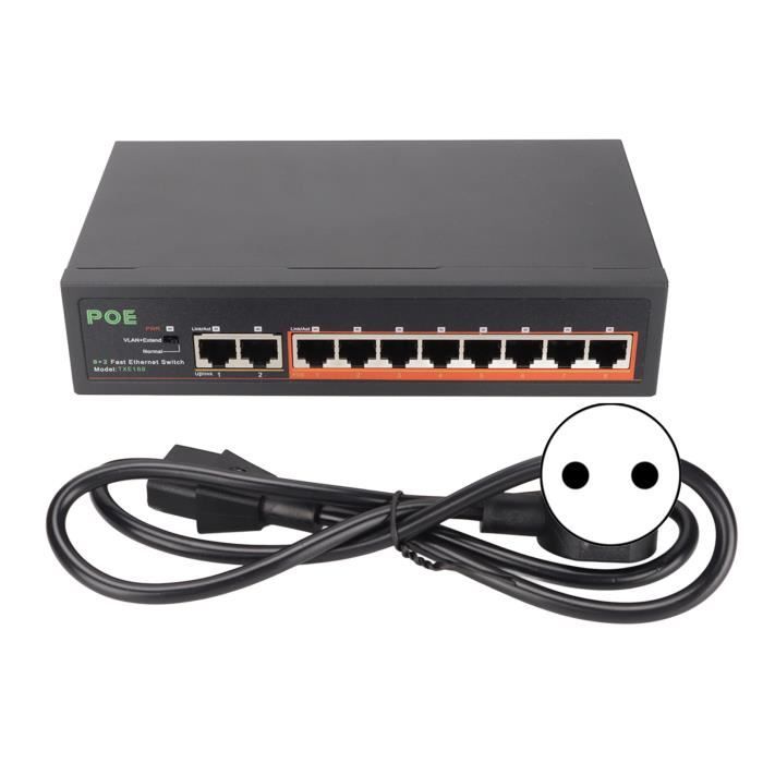 Commutateur PoE 8 Ports 10/100Mbps 90W RJ45 Port adaptatif Indicateur LED Alliage d'aluminium ...