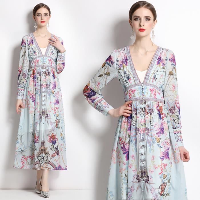 Robe,Robe maxi vintage à imprimé floral pour femme,col en V,manches ...