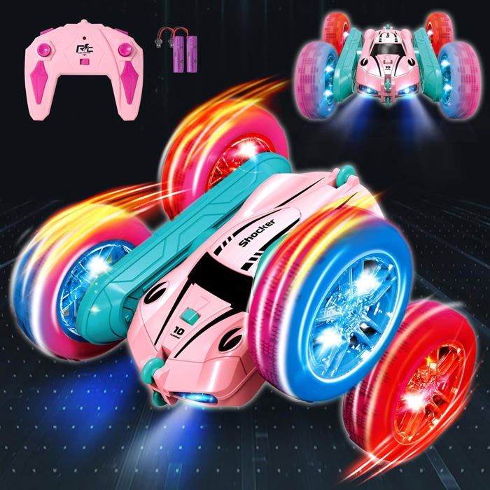 Rose Voiture Télécommandée, 4WD Stunt Car 360° Flip Rotatif et Lumière, LED Clignotant RC ...