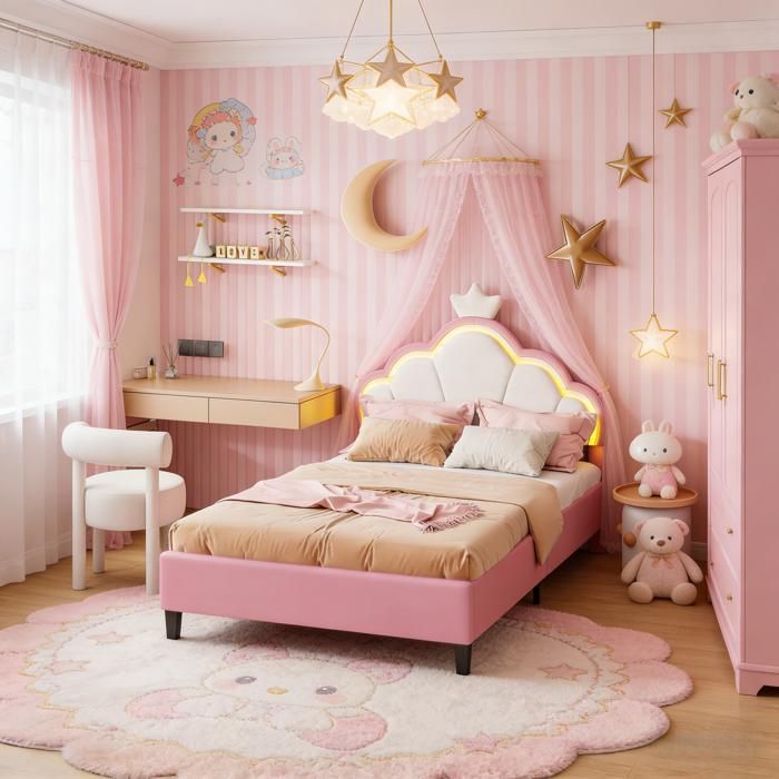 Lit enfants 140x200 cm - LEWW - Lit fille avec LED - Tête de lit à ...