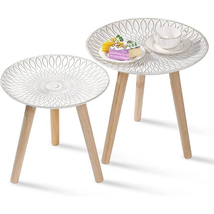 Lot de 2 petites tables d'appoint, rondes, eois, basses, à trois pieds ...