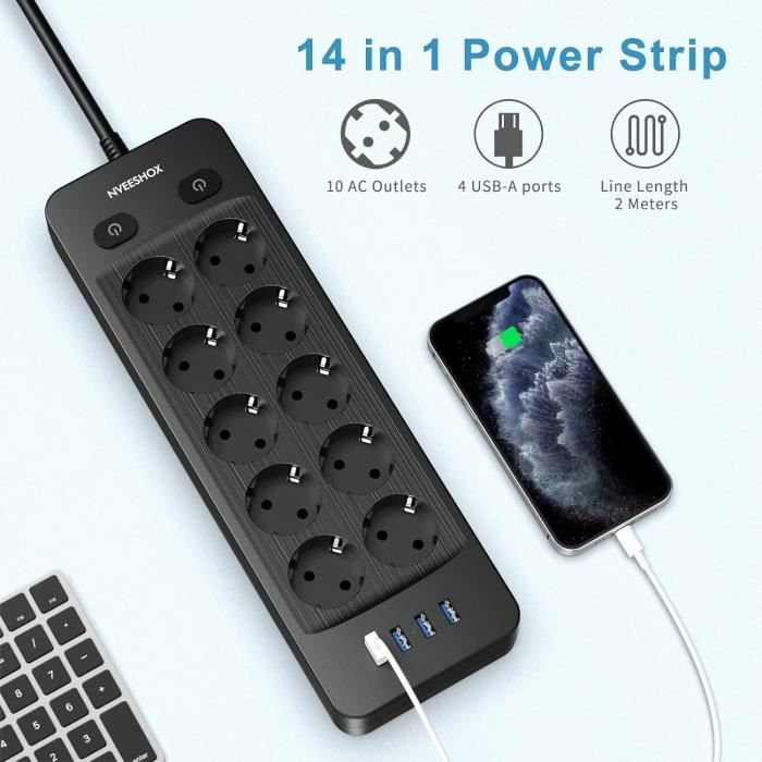 Multiprise Electrique (16A-4000W), Multiprise 10 Prises Avec 4 Ports ...