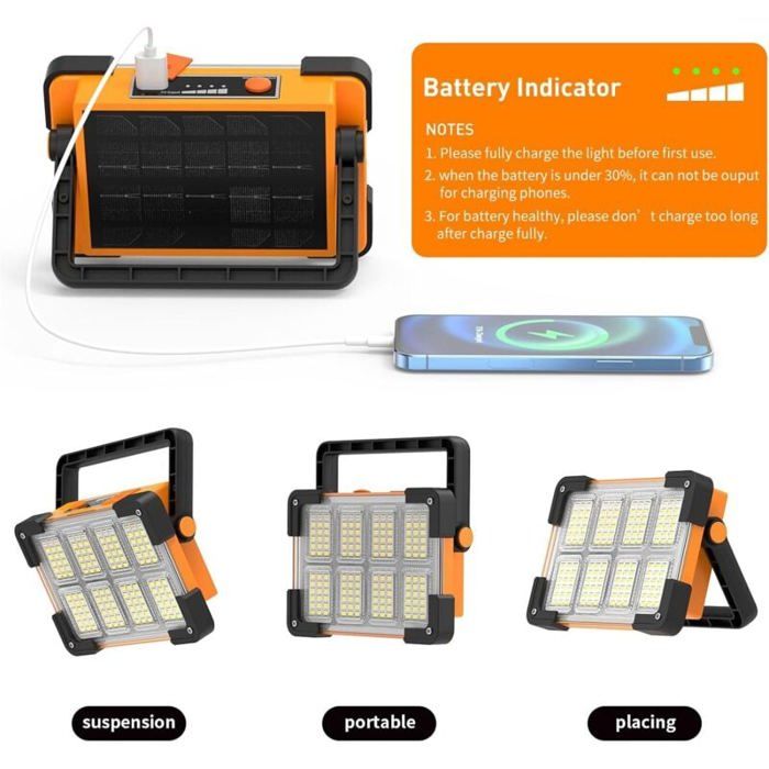 Projecteur LED à batterie, pour chantier, 4 modes, rechargeable solaire ...