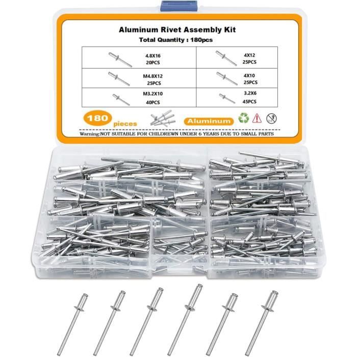180Pcs Kit D'Assortiment De Rivets Pop 6 Différentes Tailles De ...