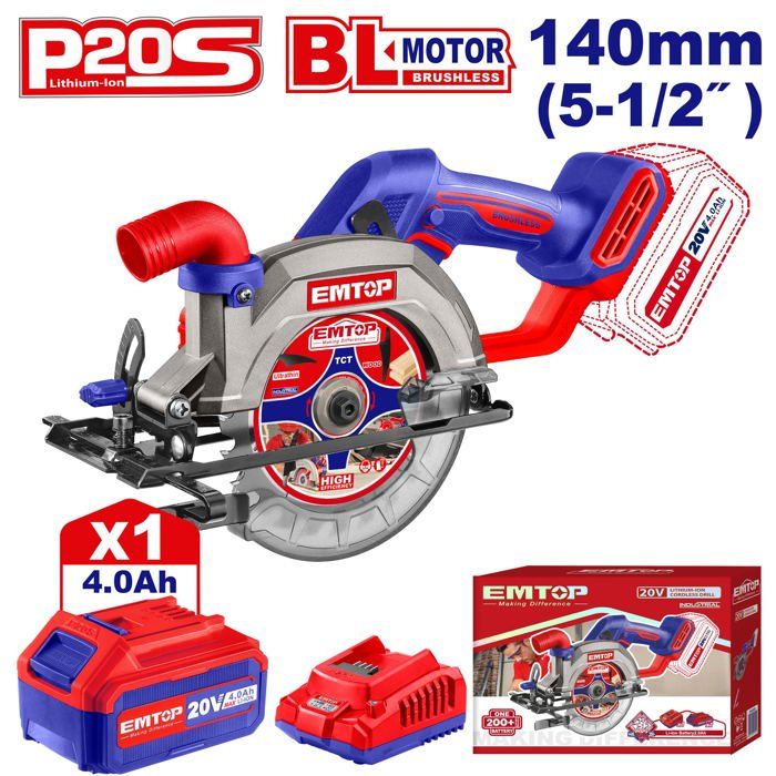 Scie circulaire sans fil EMTOP 20V Lithium-ion moteur brushless avec 1 batterie 4,0 Ah et 1 ...