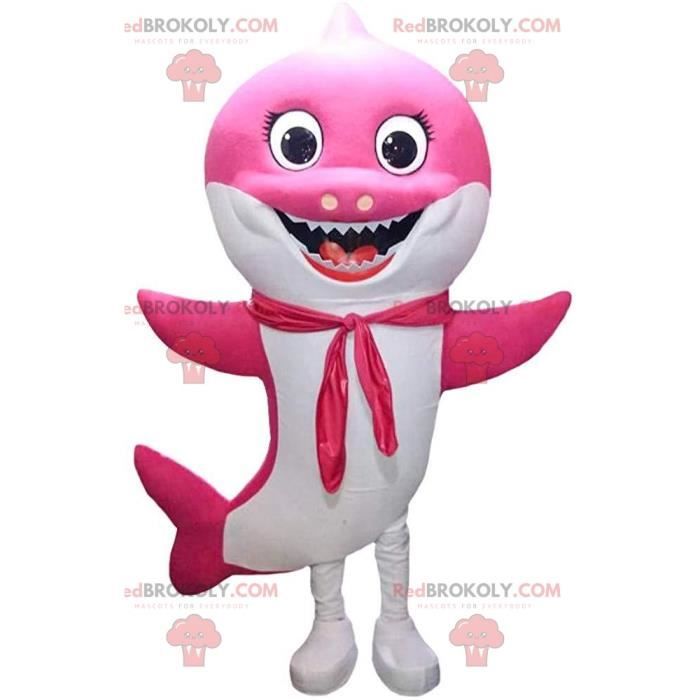 Mascotte de requin rose et blanc très souriant, costume de la mer ...