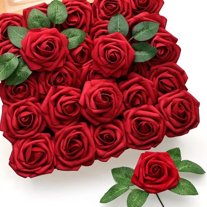 50 fleurs artificielles roses rouges, fausses roses en latex rouge ...