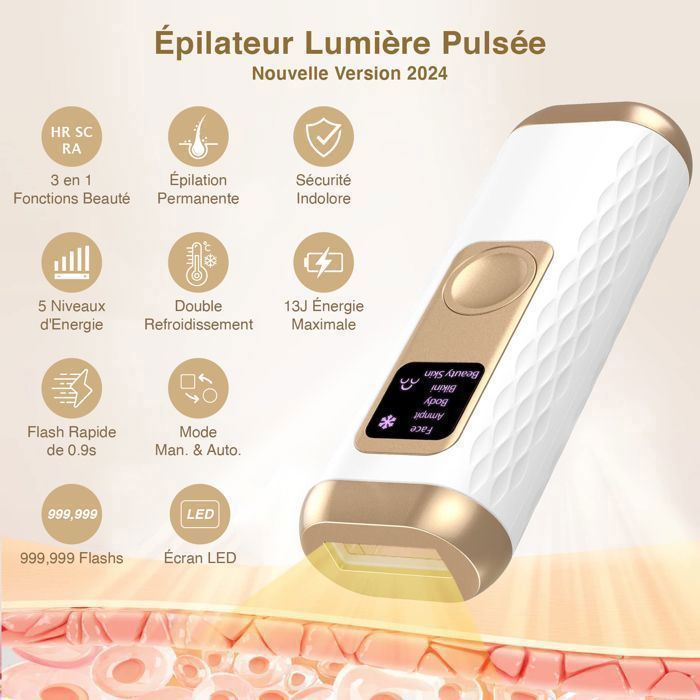 Epilateur Lumiere Pulsee, IPL Epilateur Laser Electrique avec Double Refroidissement 2 Mode et 5 ...