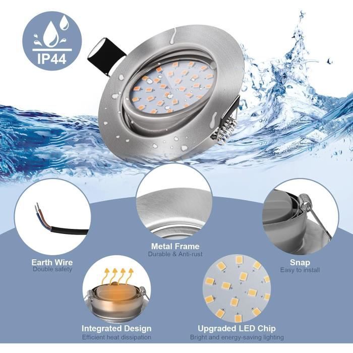 Spot Led Encastrable Pour Salle De Bain, 5W 600Lm Spots De Plafond Ip44 Blanc Chaud 3000K, 60 ...