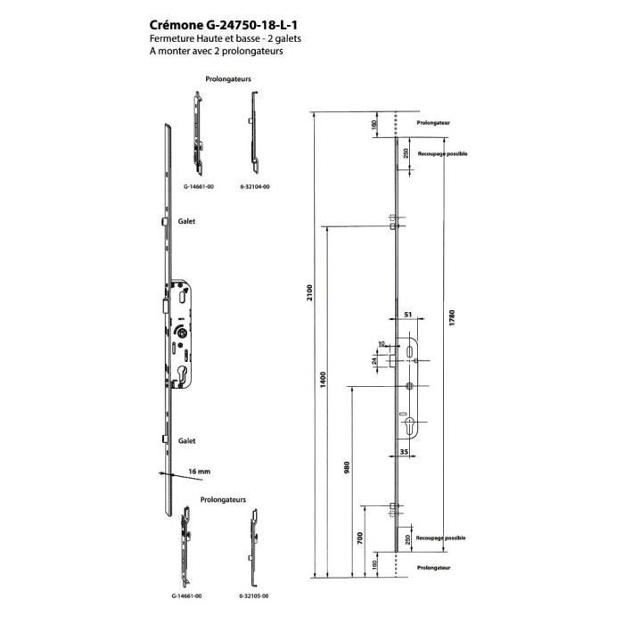 Crémone barillet axe 35mm ajustable haut et bas longueur 1780mm - FERCO ...