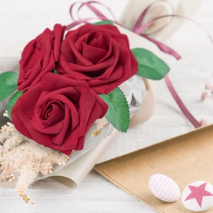 50 fleurs artificielles roses rouges, fausses roses en latex rouge ...