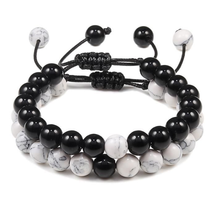 Bracelet en corde tressée pour Couple perles noires et blanches œil de ...