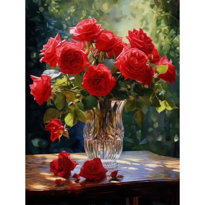 Peinture Sur Toile Fleurs Roses Rouges Dans Un Vase,40 * 60Cm Sur Toile ...