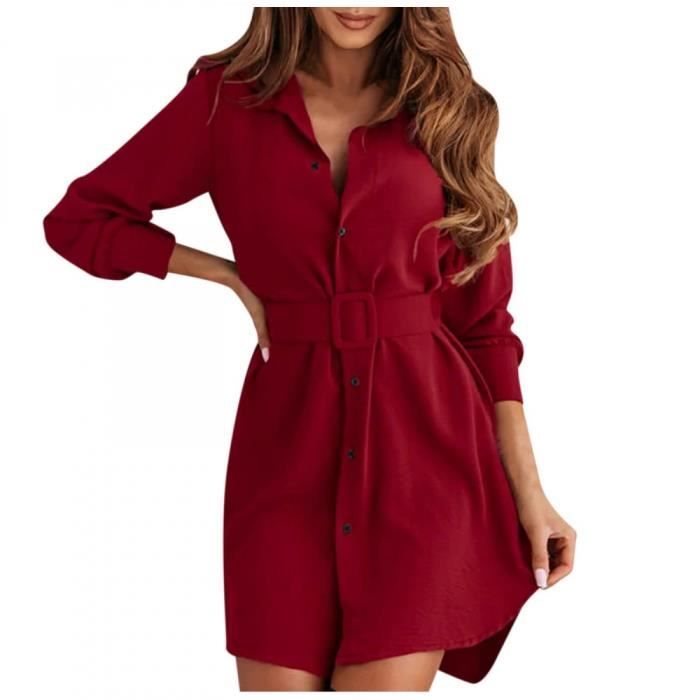 Mode féminine Robe de couleur unie manches longues Slim chemise Robe ...