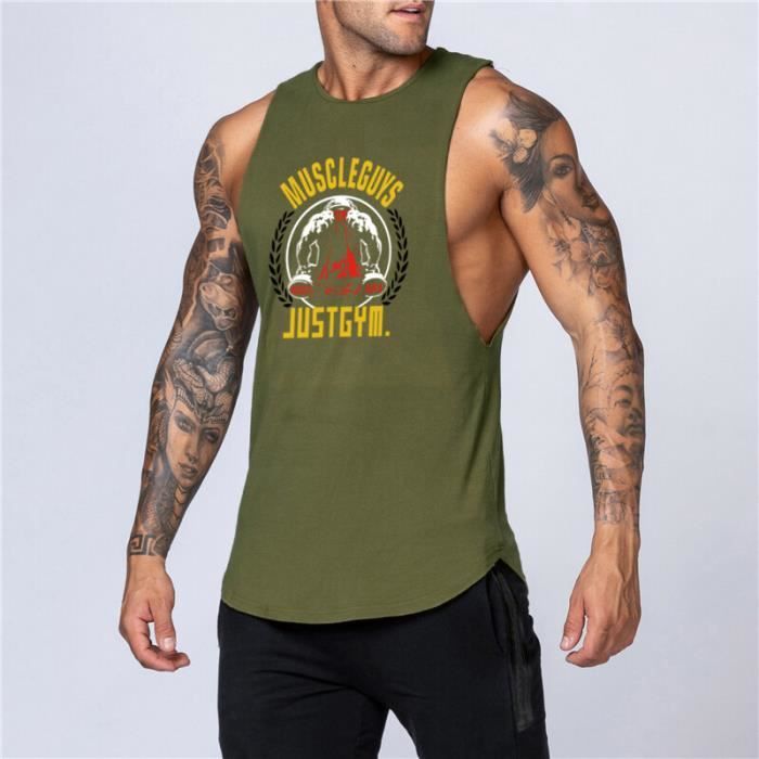 Débardeur De Sport Fitness Homme Coton Vert Militaire Sans