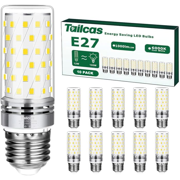 Ampoule E27 Mais LED 12W Blanc Froid 6000K, Lot de 6,1450LM, 360° Lumiere, Équivalent Halogène ...
