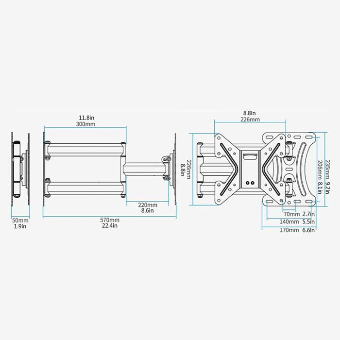 Support TV sur Pied TV Mur de trois bras mural LA TÉLÉ Support Full Motion Swivels Tilts ...