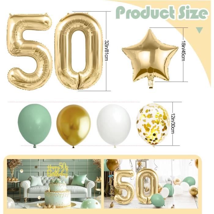 Decoration Anniversaire 50 Ans, Ballon 50 Ans Vert Et Or, Bannière ...