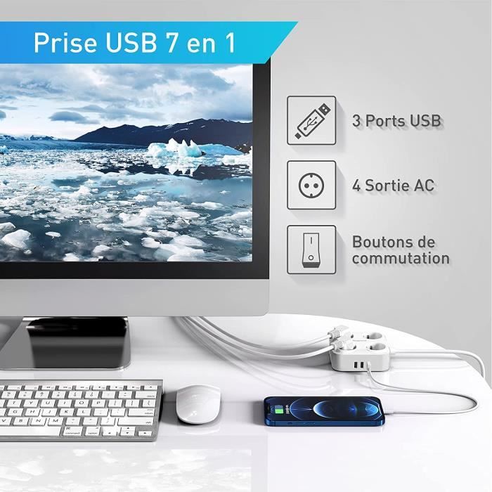 Prise USB Multiple, Chargeur Multiprise Murale Extended, Secteur avec 3 ...