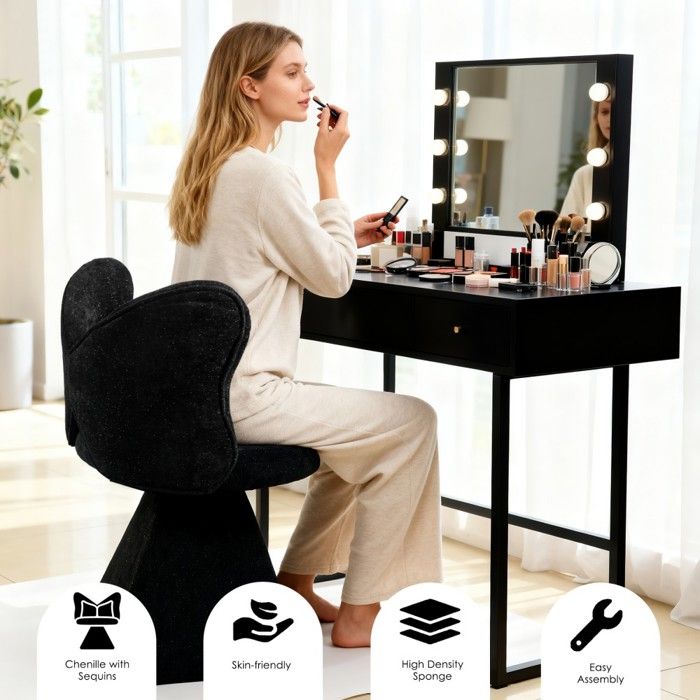 Fauteuil Coiffeuse Noir 52x52x78cm, Dossier Papillon Pivotant, Tabouret ...