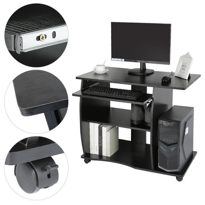 Bilingda® BUREAU INFORMATIQUE A ROULETTES MEUBLE POUR ORDINATEUR NOIR ...