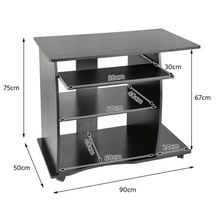 Bilingda® BUREAU INFORMATIQUE A ROULETTES MEUBLE POUR ORDINATEUR NOIR ...