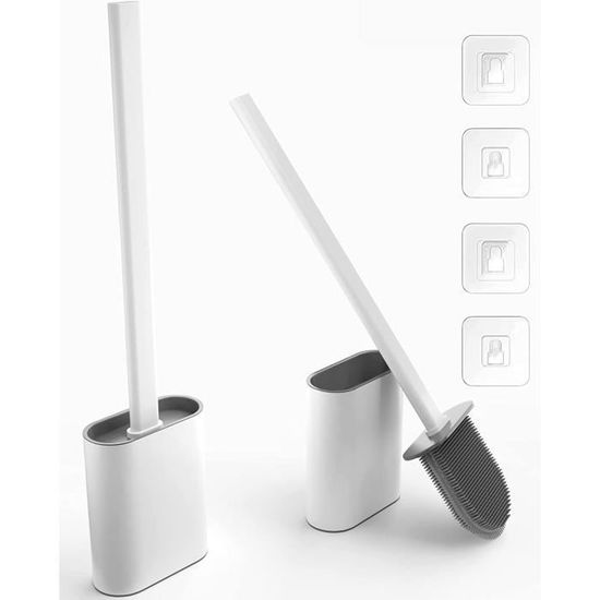 LI-Lot de 2 brosses de toilette en silicone avec long manche en plastique antidérapant et poils ...