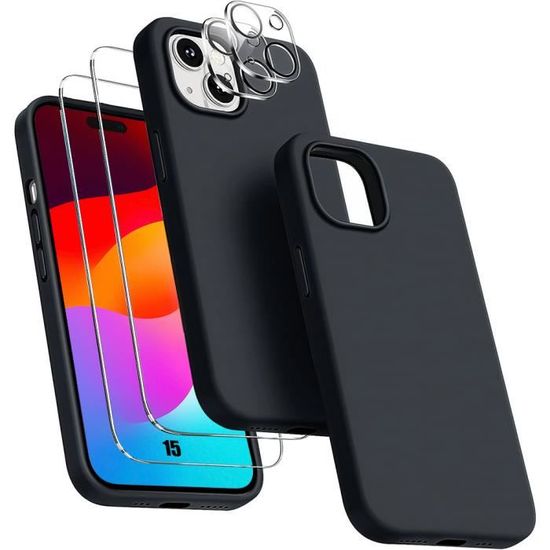 Coque - E.F.CONNECTION - pour iPhone 15 - TPU Noir - 2 Verres Trempés - Protection Caméra ...