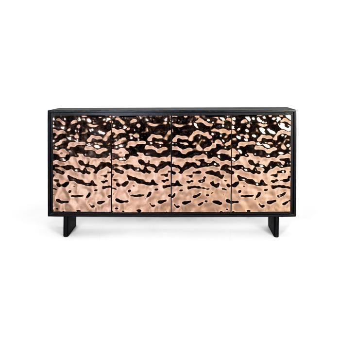 Buffet bas - Bois de manguier - Laqué noir - Feuille de cuivre - Pieds ...