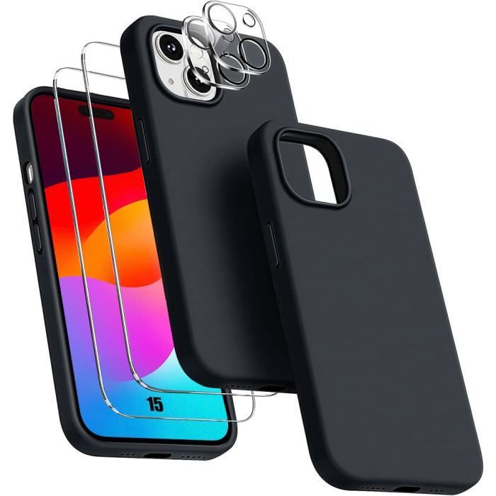 Coque - E.F.CONNECTION - pour iPhone 15 - TPU Noir - 2 Verres Trempés - Protection Caméra ...