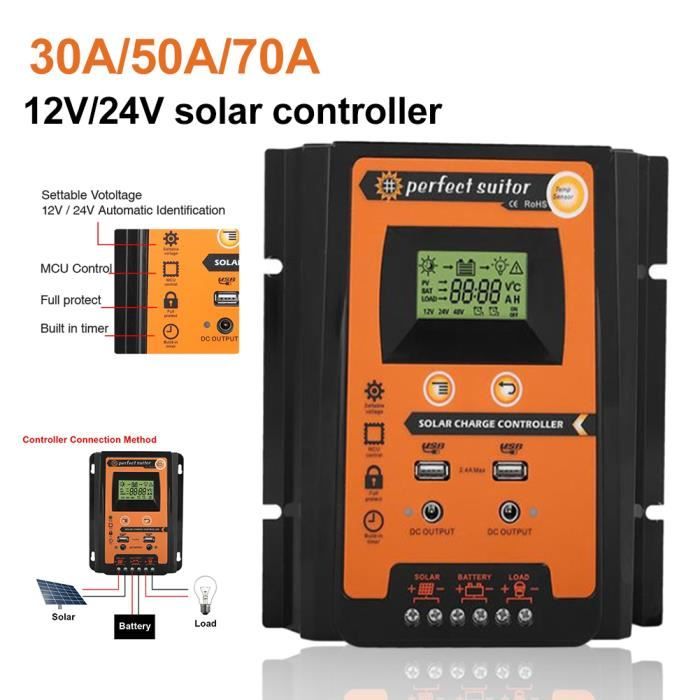 Contrôleur de charge solaire - QINGQUE - 50A - 12V/24V - Protection contre surtensions - Écran ...