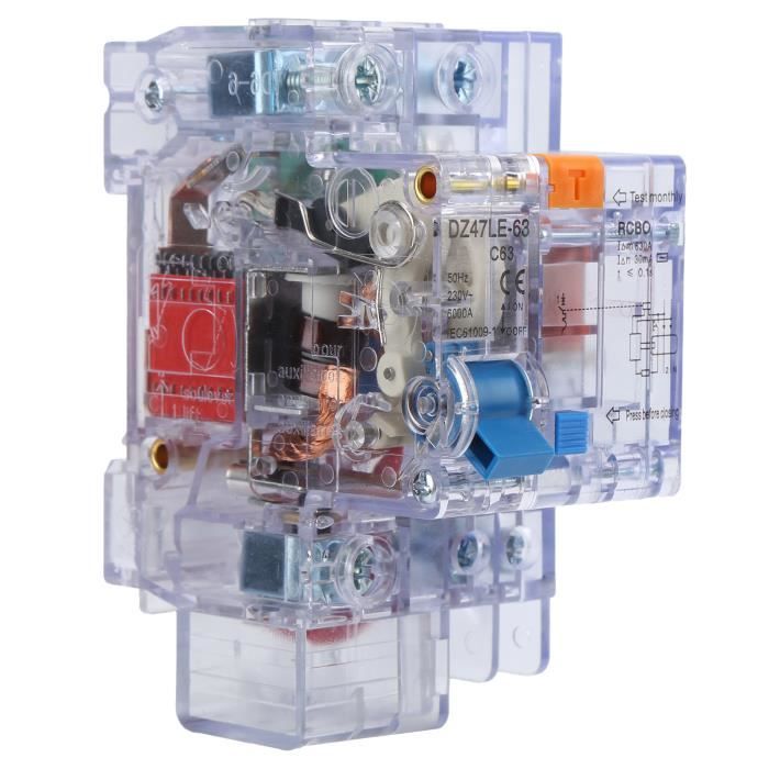 Tbest Disjoncteur transparent Disjoncteur DZ47LE-63 1P + N C63 Disjoncteur de fuite à la terre ...