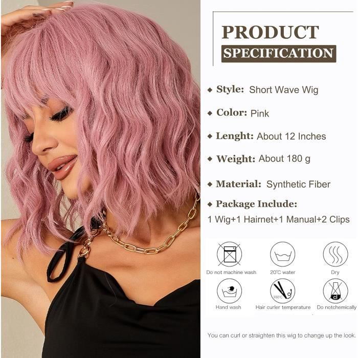 Bob Perruque Ondulée Rose Avec Frange Perruque Bouclée Ondulée ...