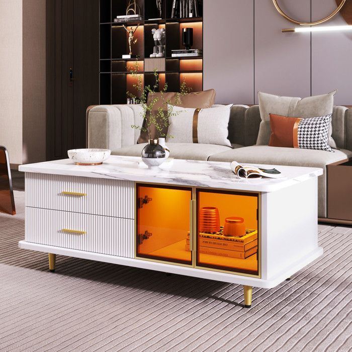 Meuble TV et table basse - Luxe - Verre trempé - Éclairage LED - Design ...