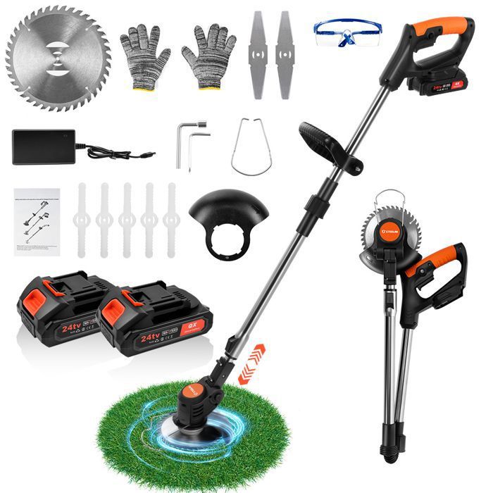 Coupe Bordures Sans Fil 21V, avec Tête Pivotante, Tube Télescopique et 2 Poignées, Livré avec 2 ...