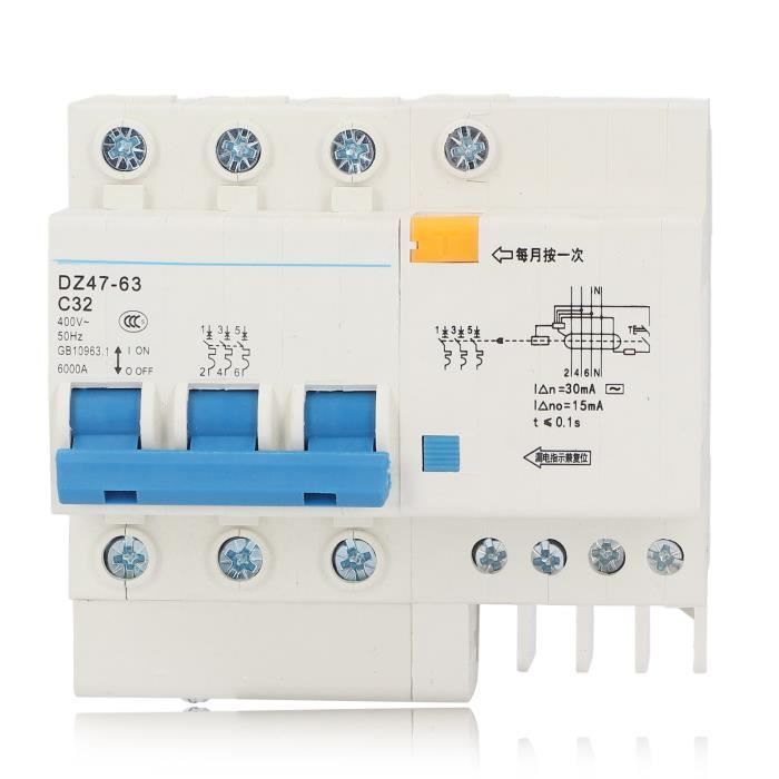 Disjoncteur miniature - EJ.LIFE - DZ47LE-63 C32 - 32A - 3P et N - Pouvoir de coupure 6000A ...