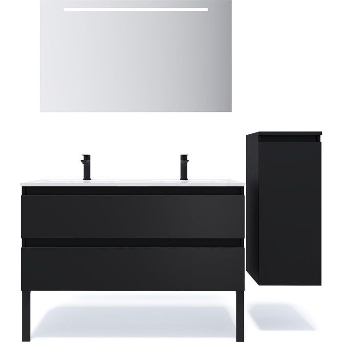 Ensemble salle de bain double vasque 120cm 2 tiroirs Noir + miroir ...