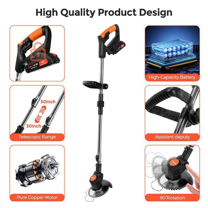 Coupe Bordures Sans Fil 21V, avec Tête Pivotante, Tube Télescopique et 2 Poignées, Livré avec 2 ...