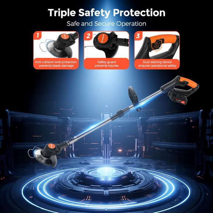 Coupe Bordures Sans Fil 21V, avec Tête Pivotante, Tube Télescopique et 2 Poignées, Livré avec 2 ...