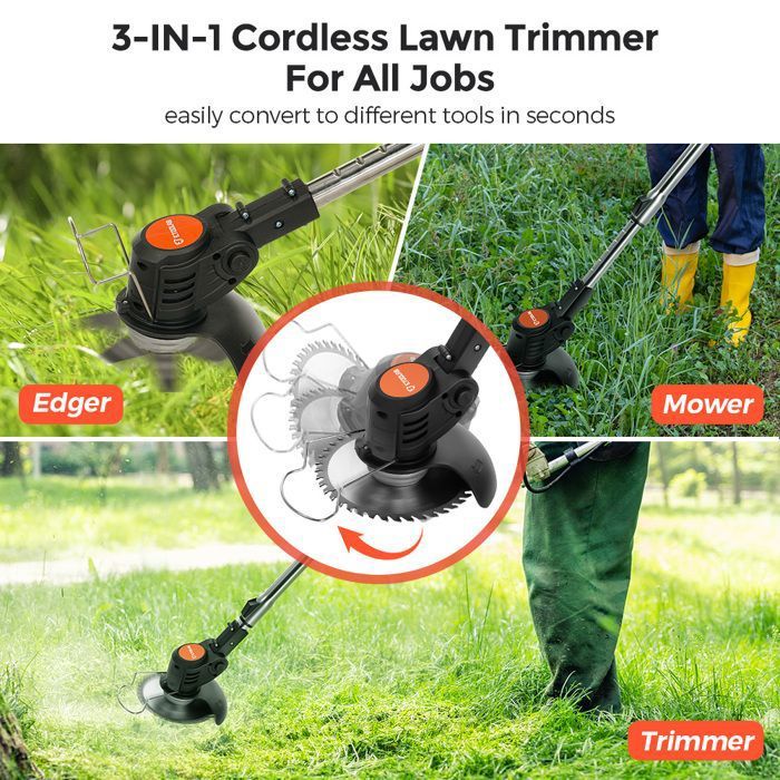 Coupe Bordures Sans Fil 21V, avec Tête Pivotante, Tube Télescopique et 2 Poignées, Livré avec 2 ...