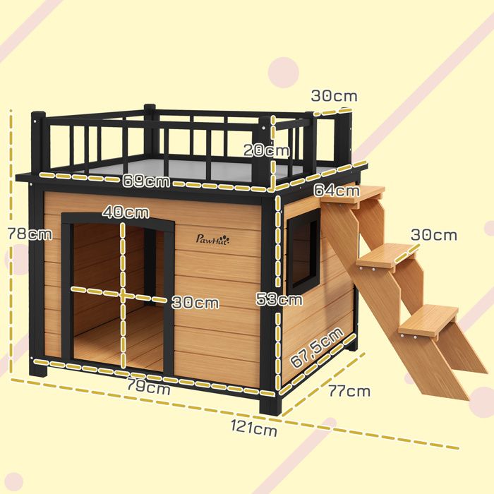 Niche pour chiens, maison pour chiens avec balcon, escalier, fenêtre ...