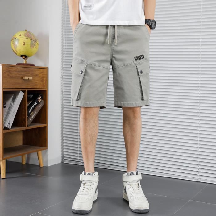 Short Cargo Homme en Coton Coupe Droite Multipoches Bermuda Ete Taille ...
