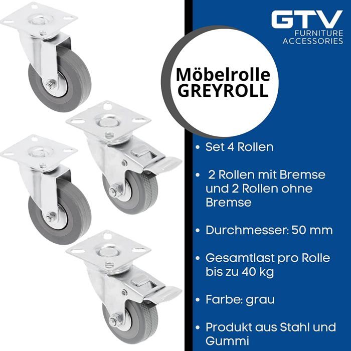 Lot De 4 Roulettes Pivotantes Pour Meubles Ø 50 Mm, Roulettes Grises ...